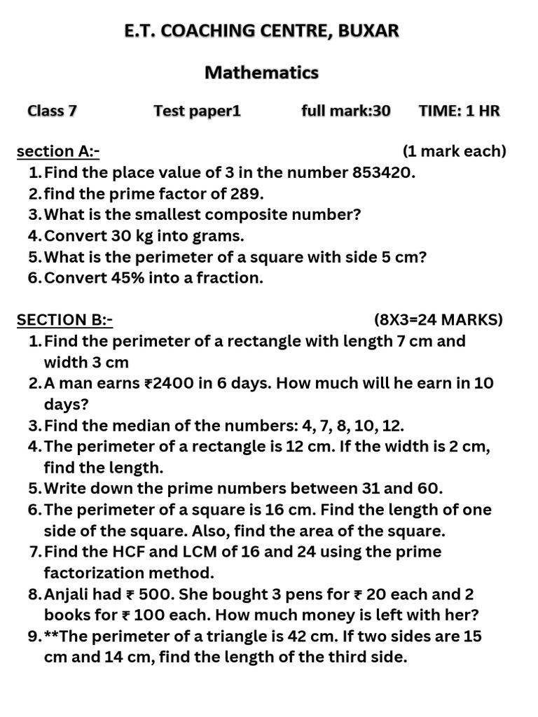 Class7 1st Term Class Test Maths Paper | PDF