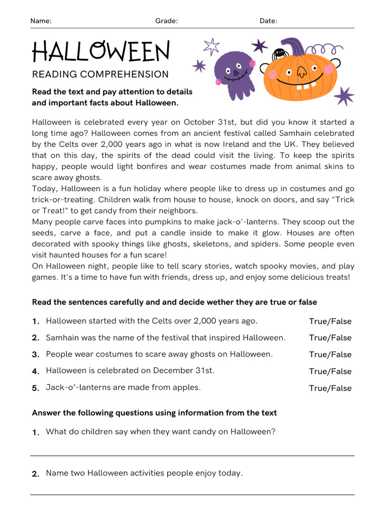 Halloween Reading Comprehension Activity Worksheet in Colorful Playful ...