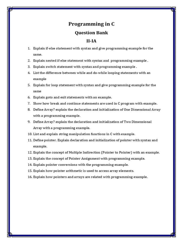 Prog in C-Question Bank | PDF
