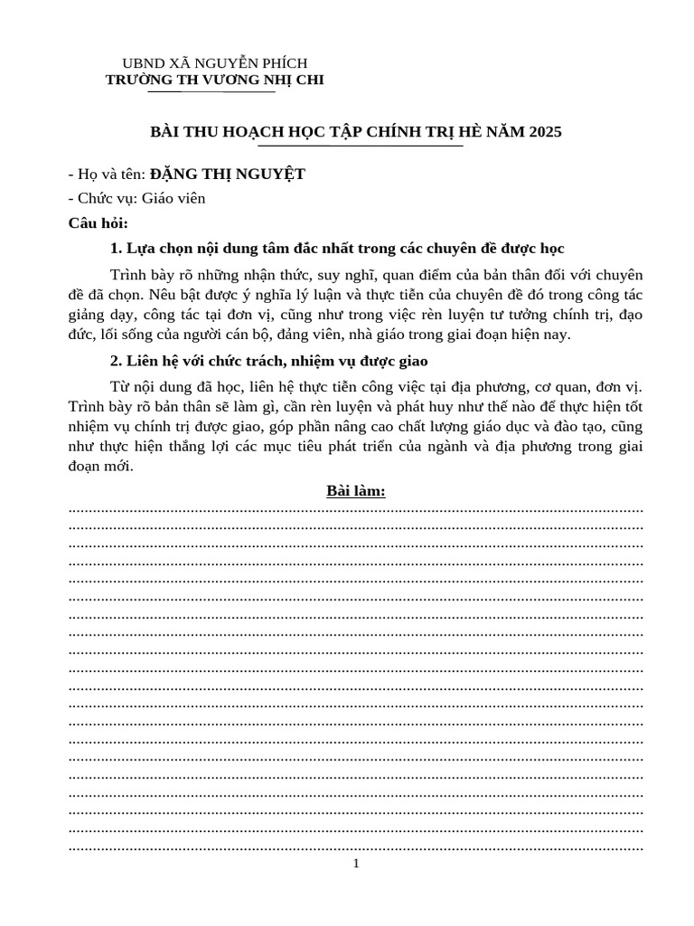 4 Mau Viet Bai Thu Hoach Chinh Tri He - 2025 | PDF