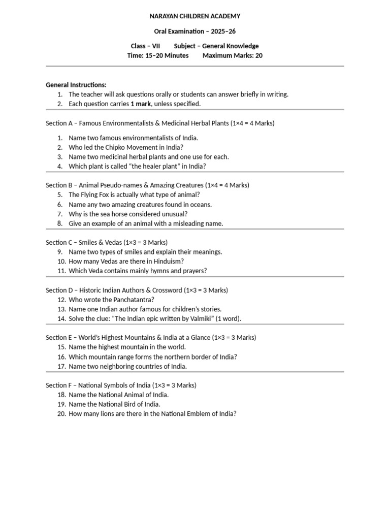 Class-7th Oral GK Paper | PDF
