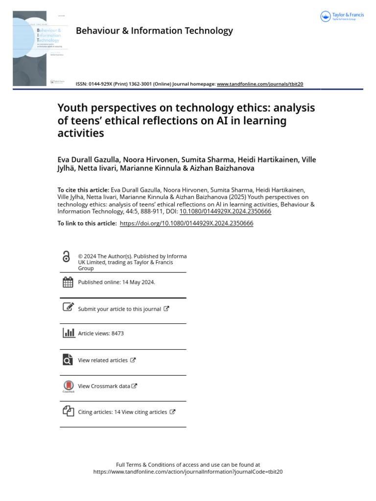 Youth Perspectives On Technology Ethics Analysis of Teens Ethical ...