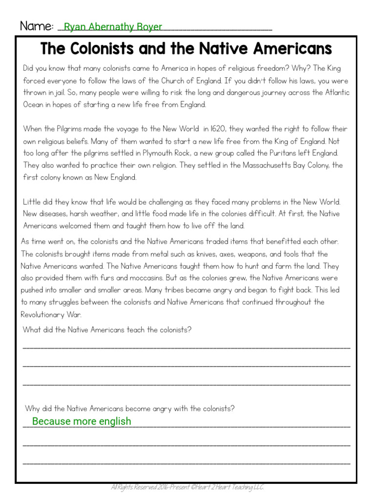 Ryan Boyer - Colonists & Native Americans | PDF | Puritans | New England