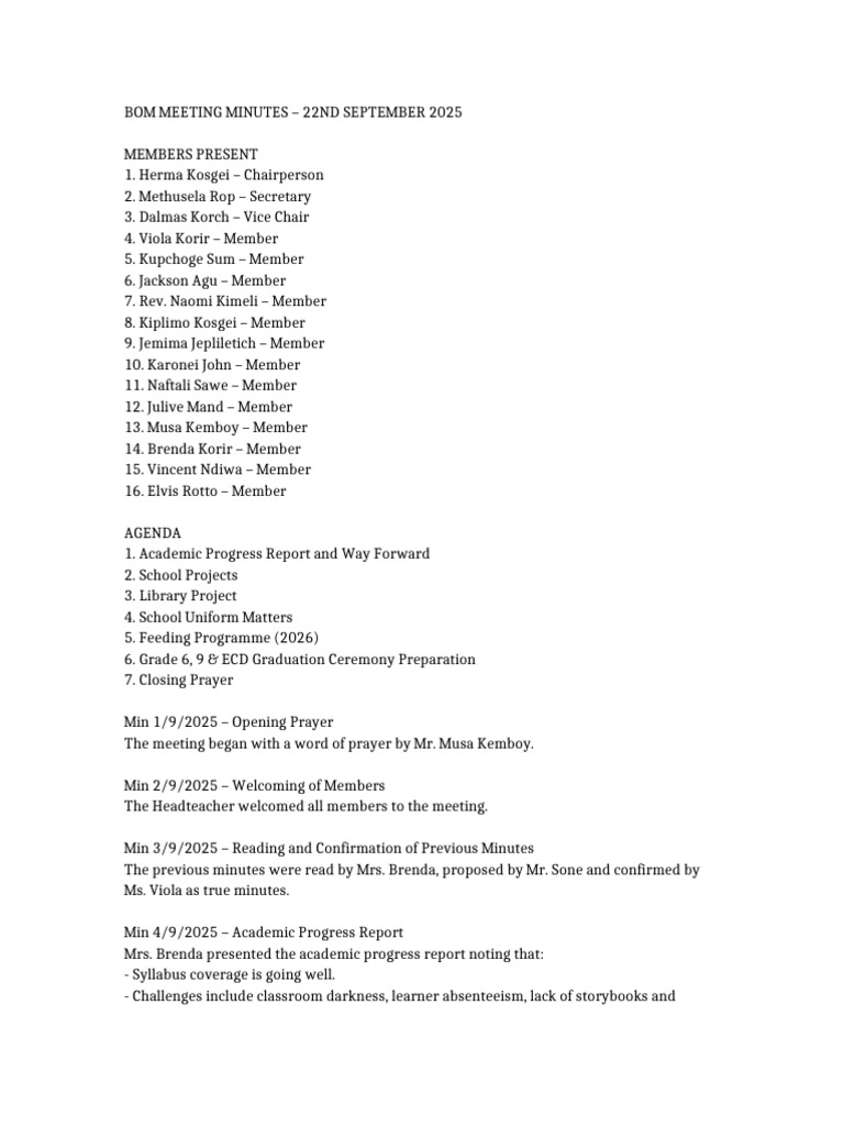 BOM Meeting Minutes - Sept 22, 2025 | PDF