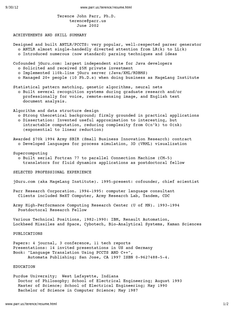 Terence Parr's Professional Resume | PDF | Parsing | Computing