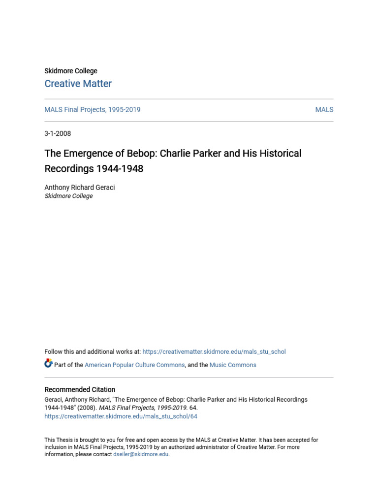 The Emergence of Bebop Charlie Parker and His Historical Recordi | PDF ...