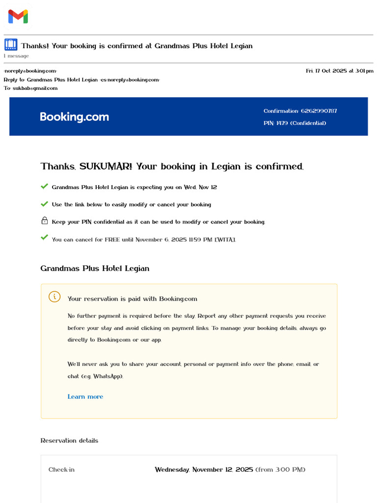 Gmail - ? Thanks! Your Booking Is Confirmed at Grandmas Plus Hotel ...
