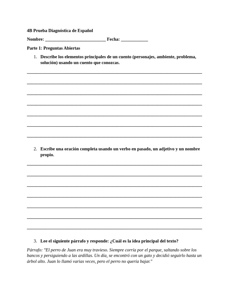 4B Prueba Diagnóstica de Español | PDF | Caso de carta | Verbo