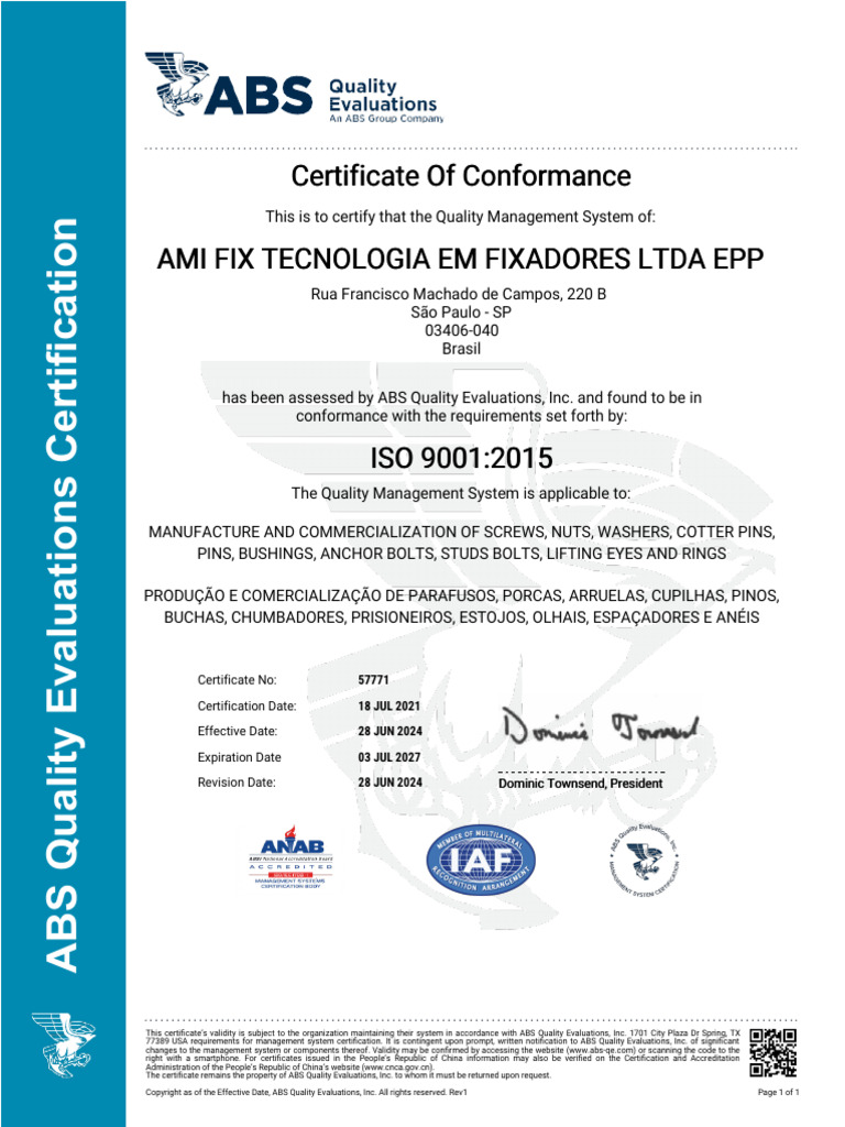 Certif. ISO 9001.2015 - #57.771 ABS - Ami Fix (Venc. 03.07. 2027) | PDF ...