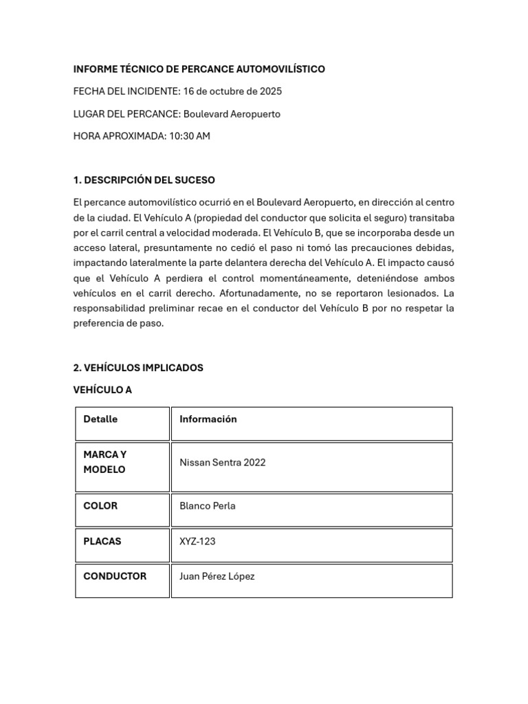 Informe de Choque Automovilístico 2025 | PDF | Póliza de seguros ...