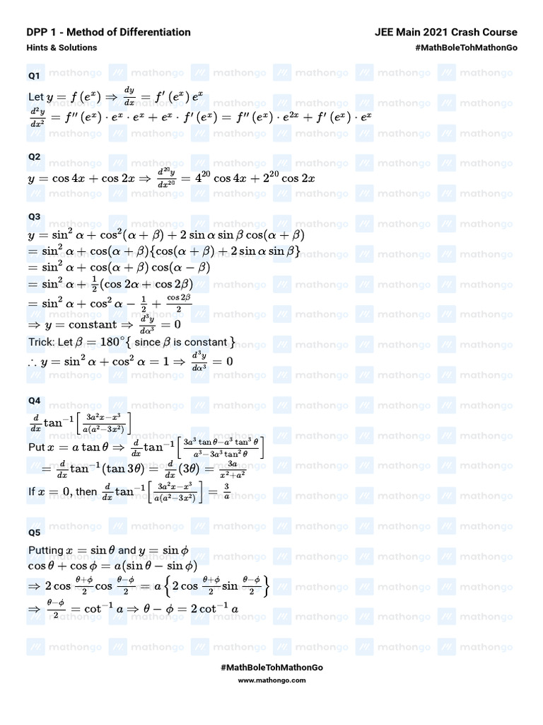 Dpp 1 Method of Differentiation Solution Mathongo | PDF