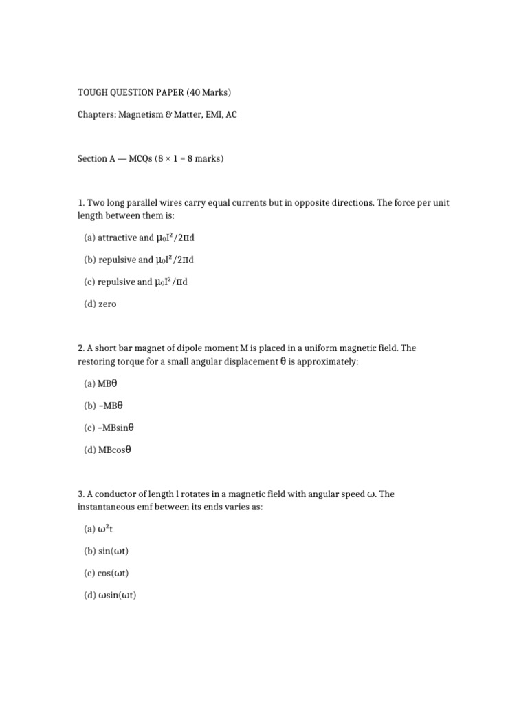 Tough Physics Exam on Magnetism & AC | PDF | Magnetic Field | Inductance