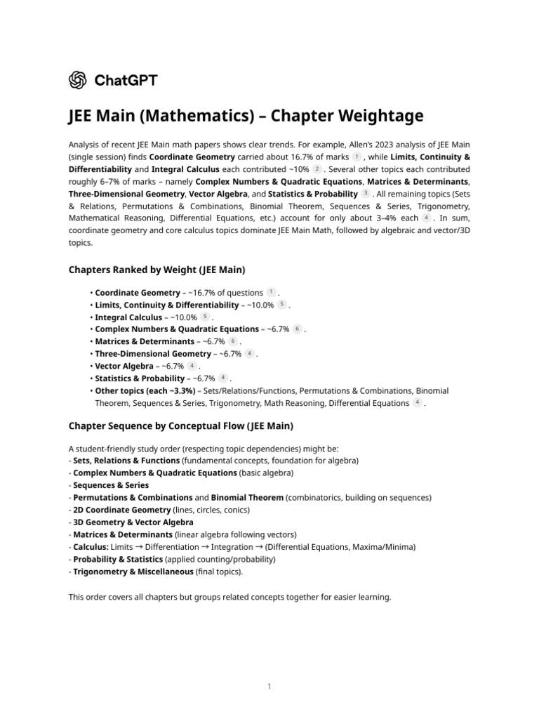 JEE Main Math Chapter Weightage Analysis | PDF | Mathematics | Algebra