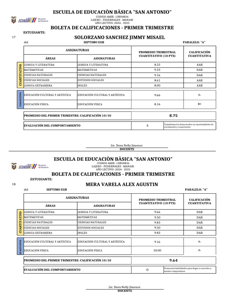 Boleta de Calificaciones 2024-2025 EGB | PDF | Educación primaria ...