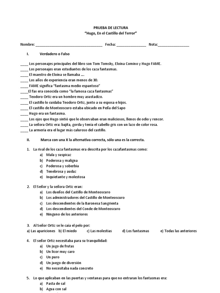 Hugo en el Castillo del Terror: Prueba de Lectura | PDF | Novela negra ...