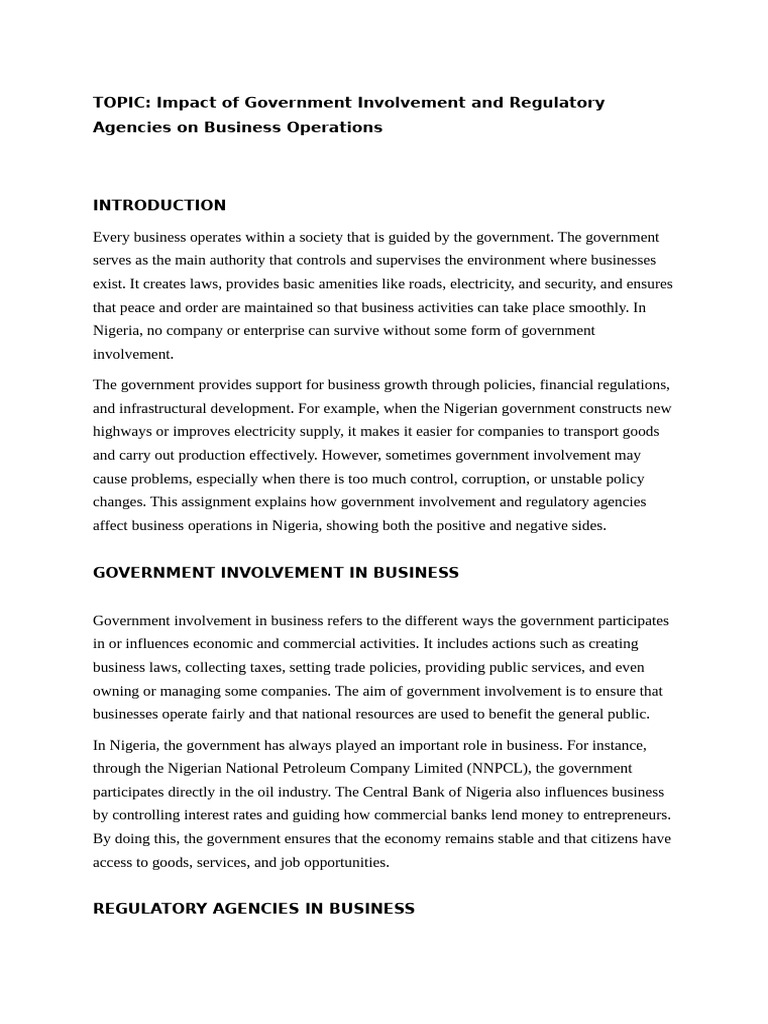 TOPIC: Impact of Government Involvement and Regulatory Agencies On ...