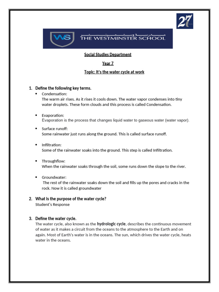 YR7-WS-Water Cycle at Work -ANswer Key | PDF