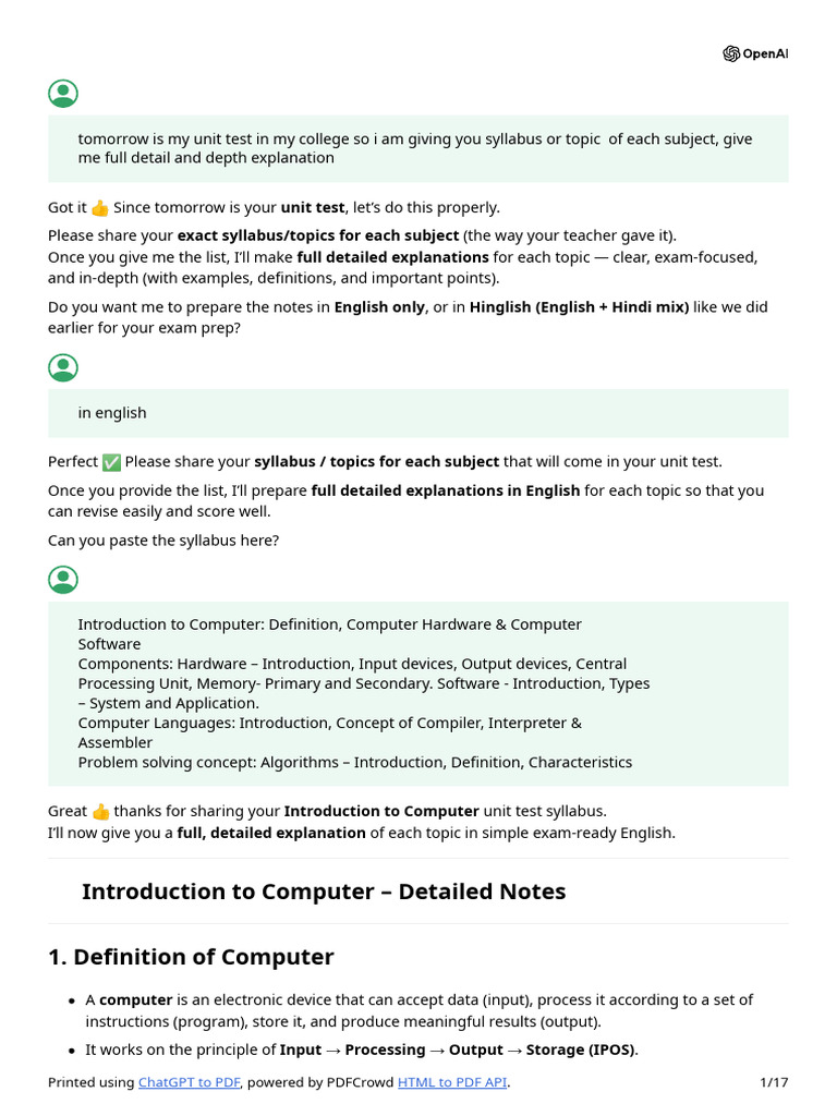 ? Introduction To Computer - Detailed Notes | PDF | Computer Data ...