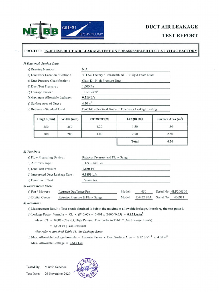 Duct Leak Test at 1600pa | PDF