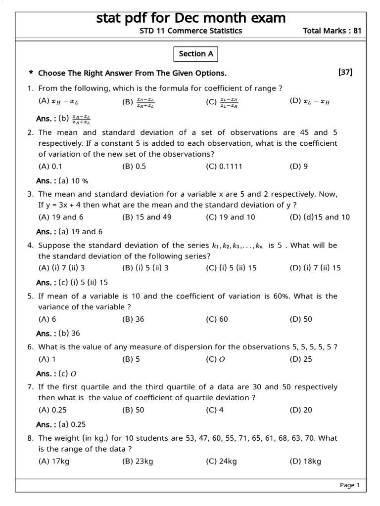 STD 11 Stat Dec - Solution | PDF | Skewness | Mode (Statistics)