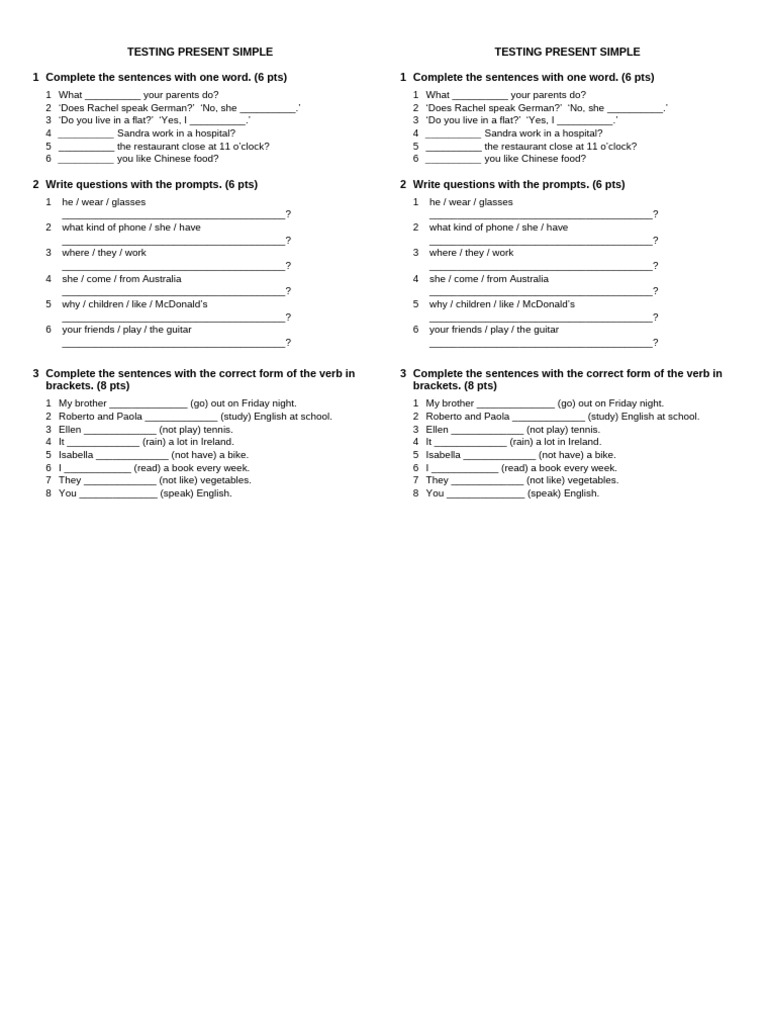 Testing Present Simple | PDF