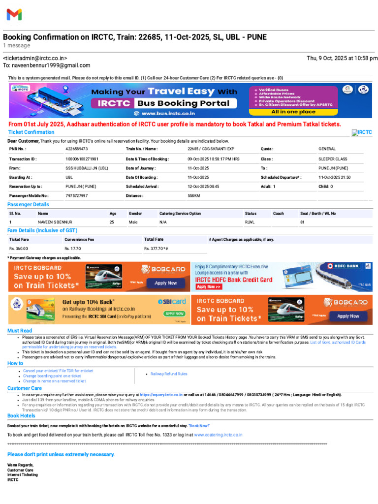 Gmail - Booking Confirmation On IRCTC, Train - 22685, 11-Oct-2025, SL ...