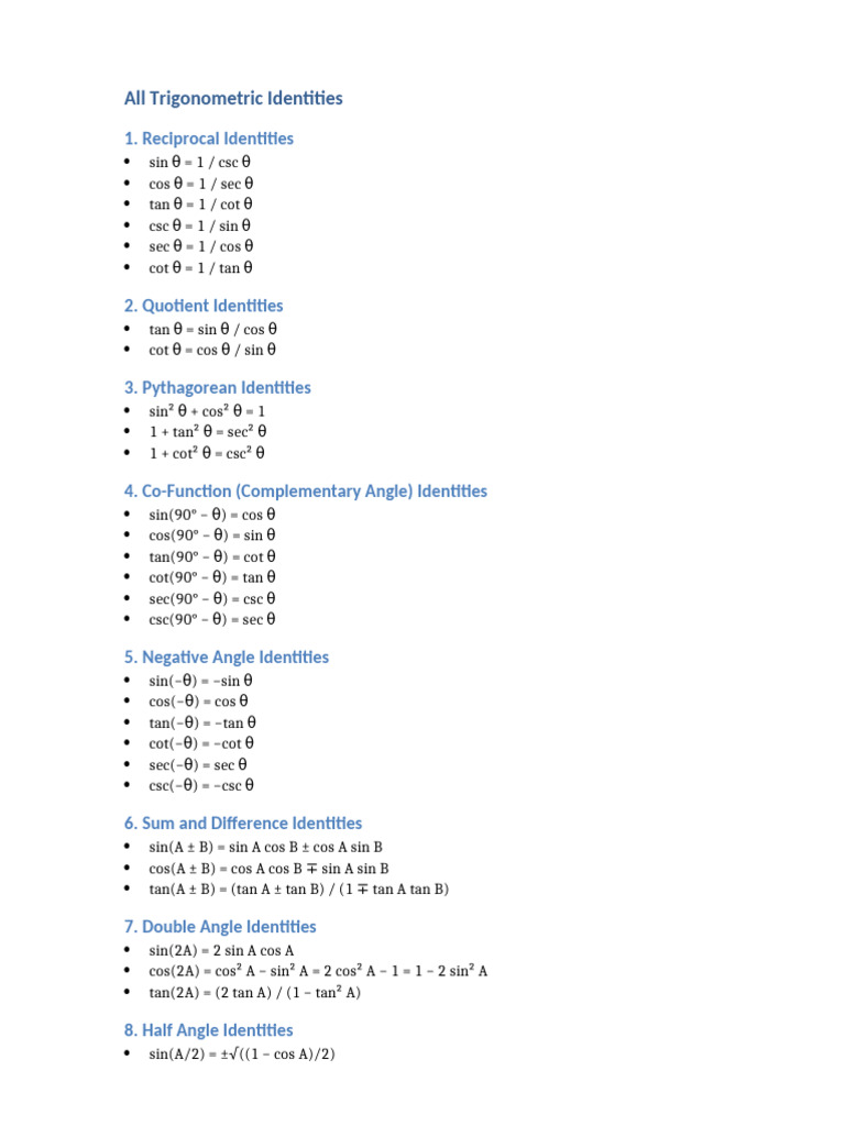 Comprehensive Trigonometric Identities Guide | PDF | Special Functions ...