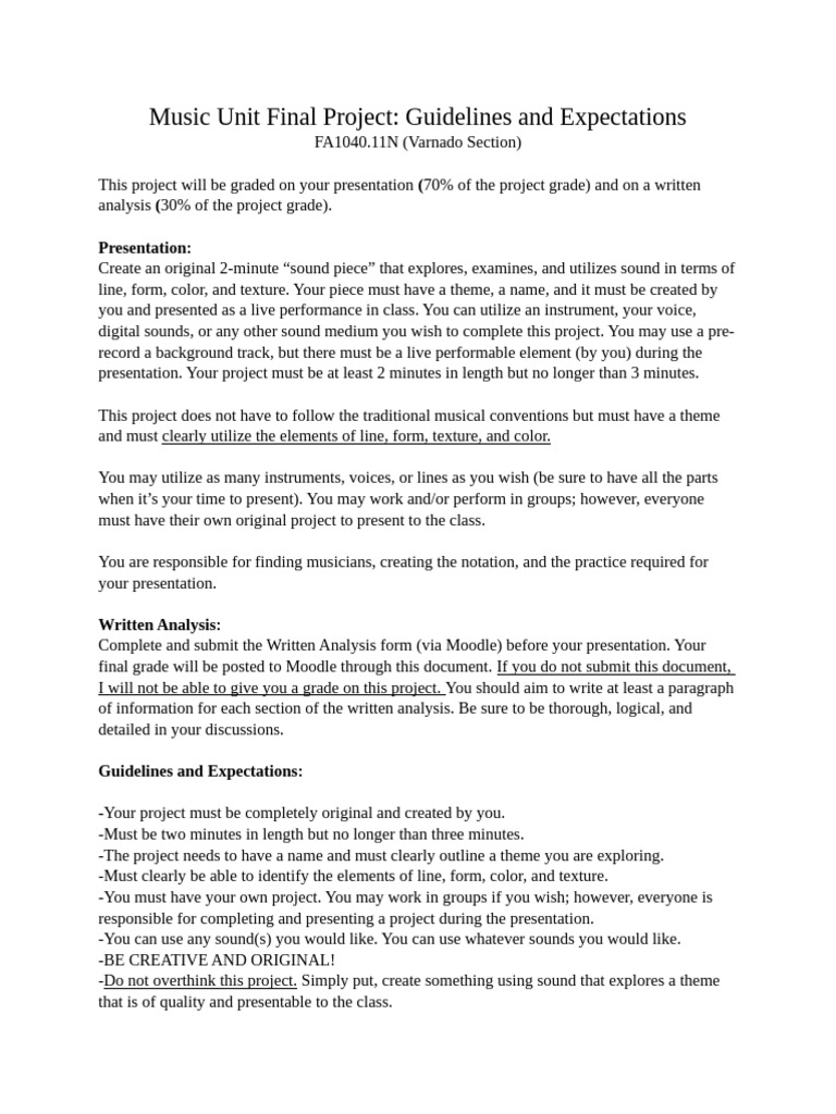 FA1040-11N Music Unit Project - Guidlines and Expectations | PDF