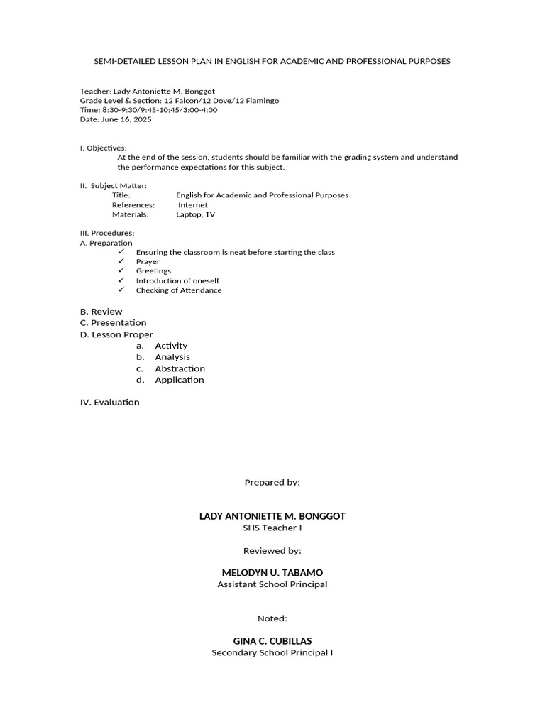 English Lesson Plan for Grade 12 | PDF