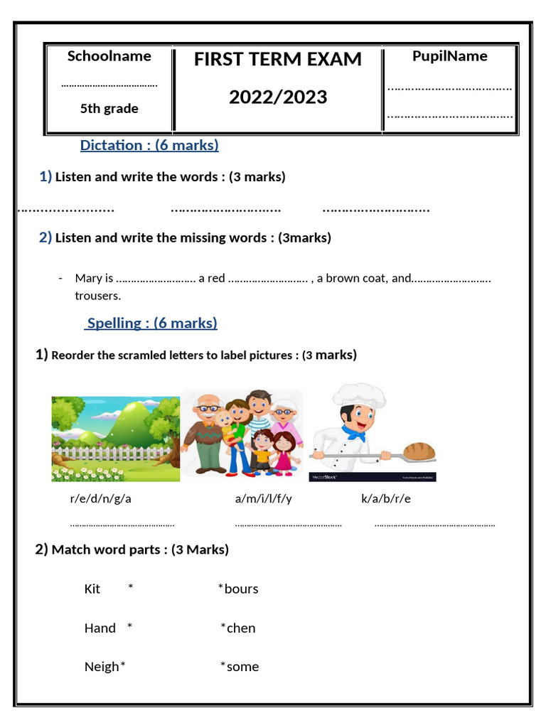 5th Grade First Term Exam 2022/2023 | PDF