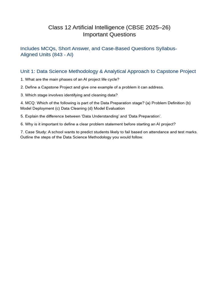 Class 12 AI Important Questions Guide | PDF | Artificial Intelligence ...