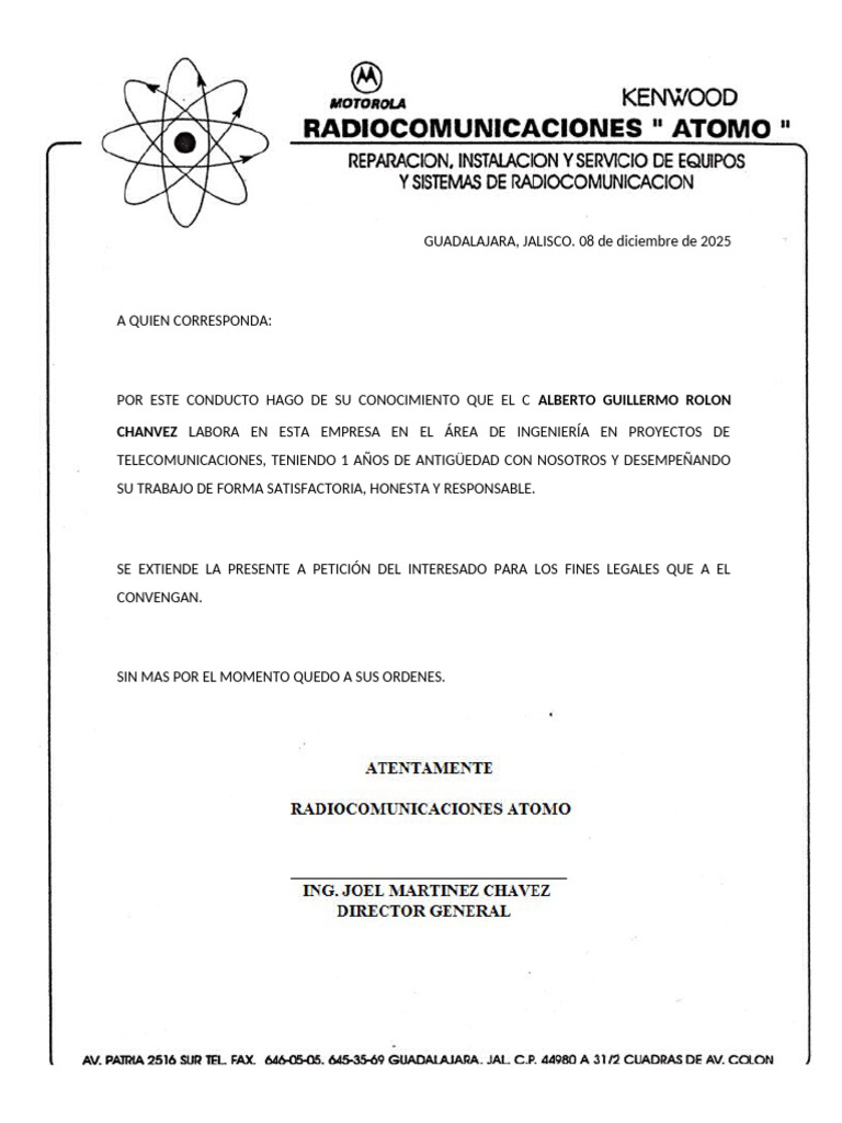 Certificación Laboral de Alberto Rolón | PDF