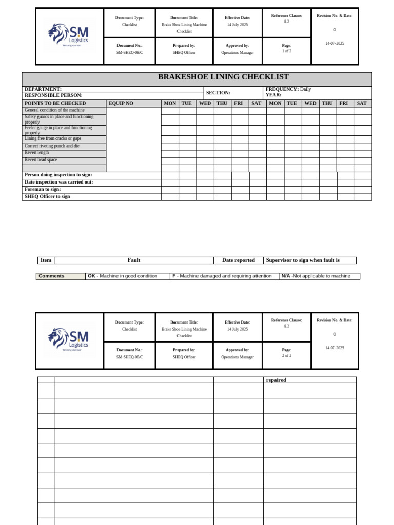 08 Tyre Brakeshoe Lining Machine Checklist | PDF
