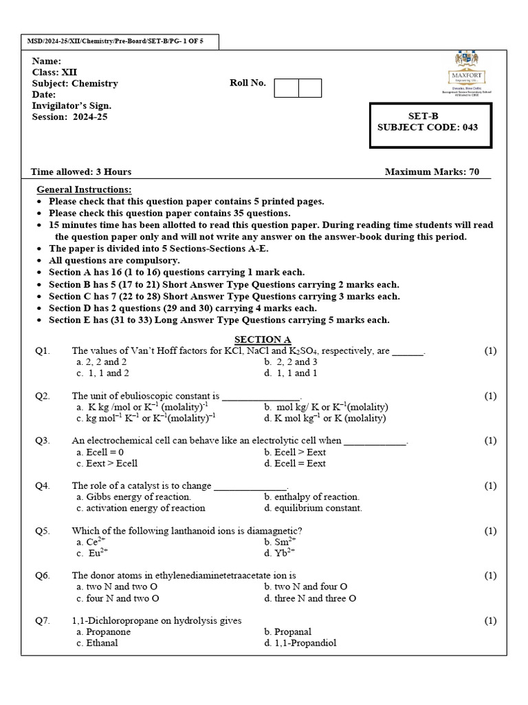 Chemistry Pre-Board Exam Paper 2024-25 | PDF | Amine | Reaction Rate