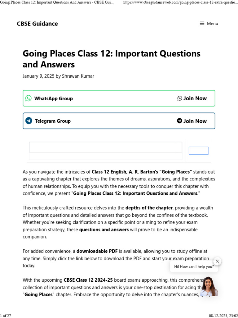 Going Places Class 12 - Important Questions and Answers - CBSE Guidance ...