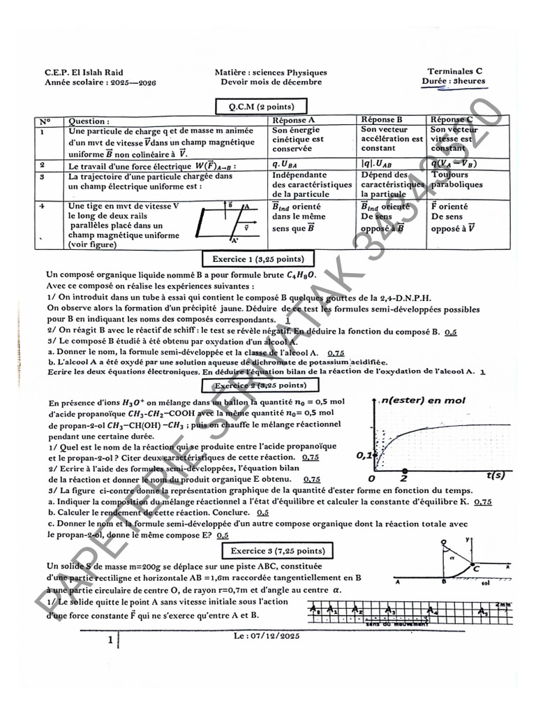 Devoir PC 7c E.P Islah Erraid 2025-2026 | PDF