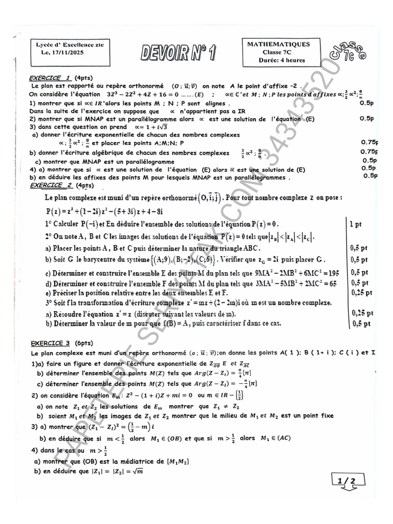 Devoir Maths 7c Lycée D'excellence de Zouerate 2025-2026 | PDF