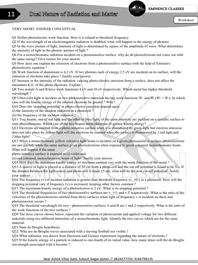 Class 12th CH 11 (Dual Nature of Radiation and Matter) Worksheet | PDF ...