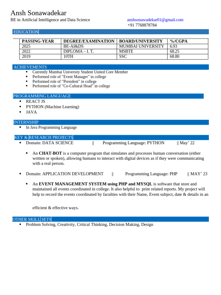 Ansh Be Resume | PDF