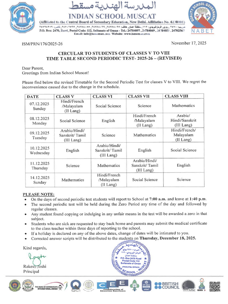 Circular - Second Periodic Test Revised - V To Viii | PDF