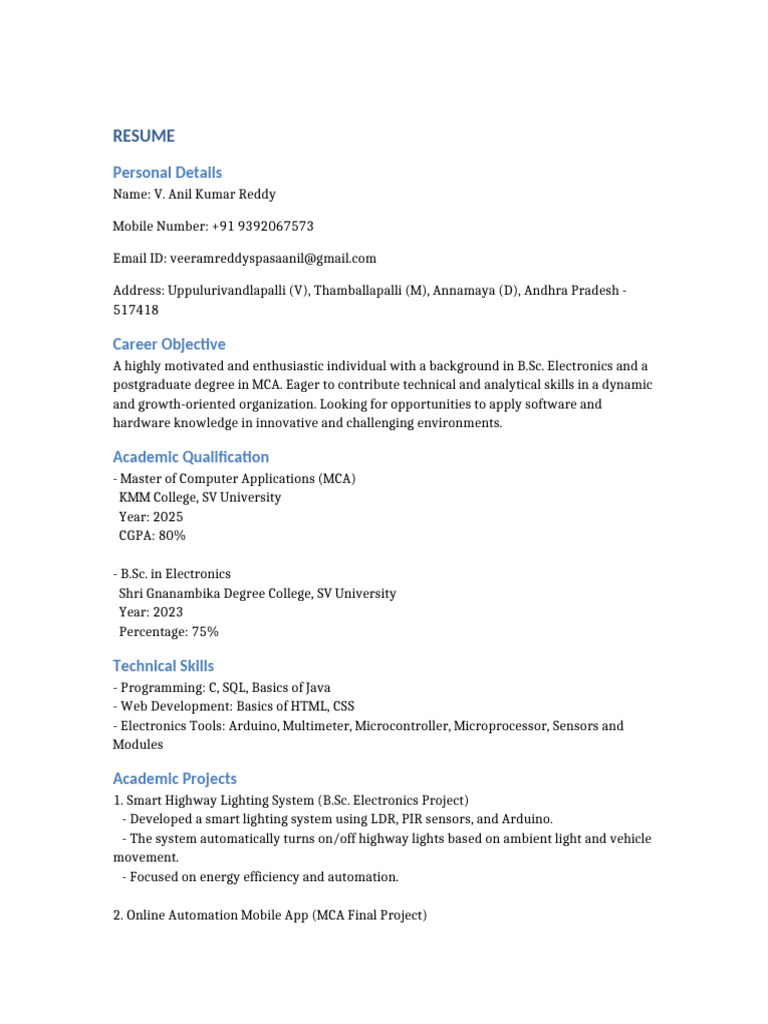 V Anil Kumar Reddy Resume | PDF