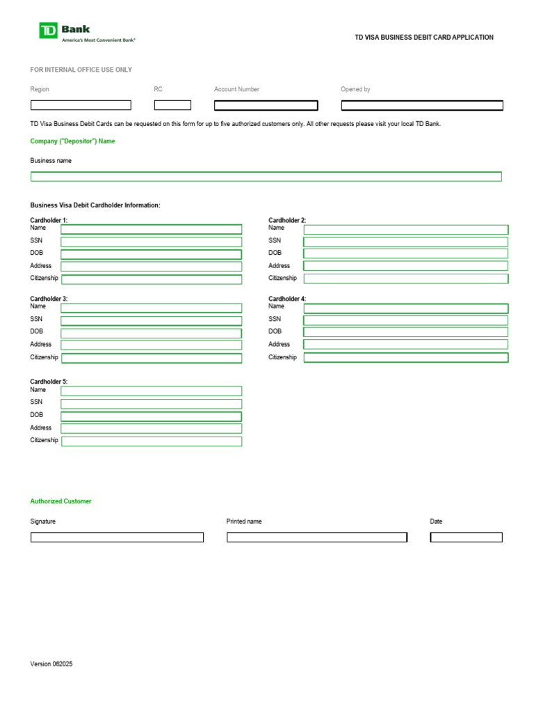 TD Visa Business Debit Card Application | PDF