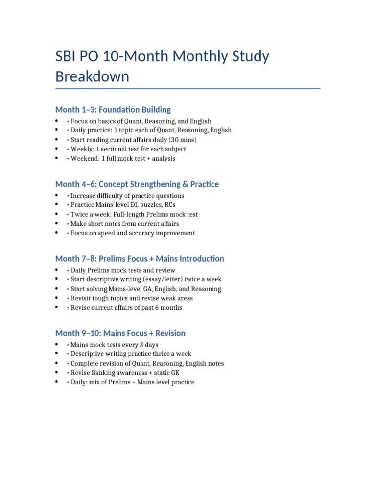 SBI PO 10-Month Study Plan Guide | PDF