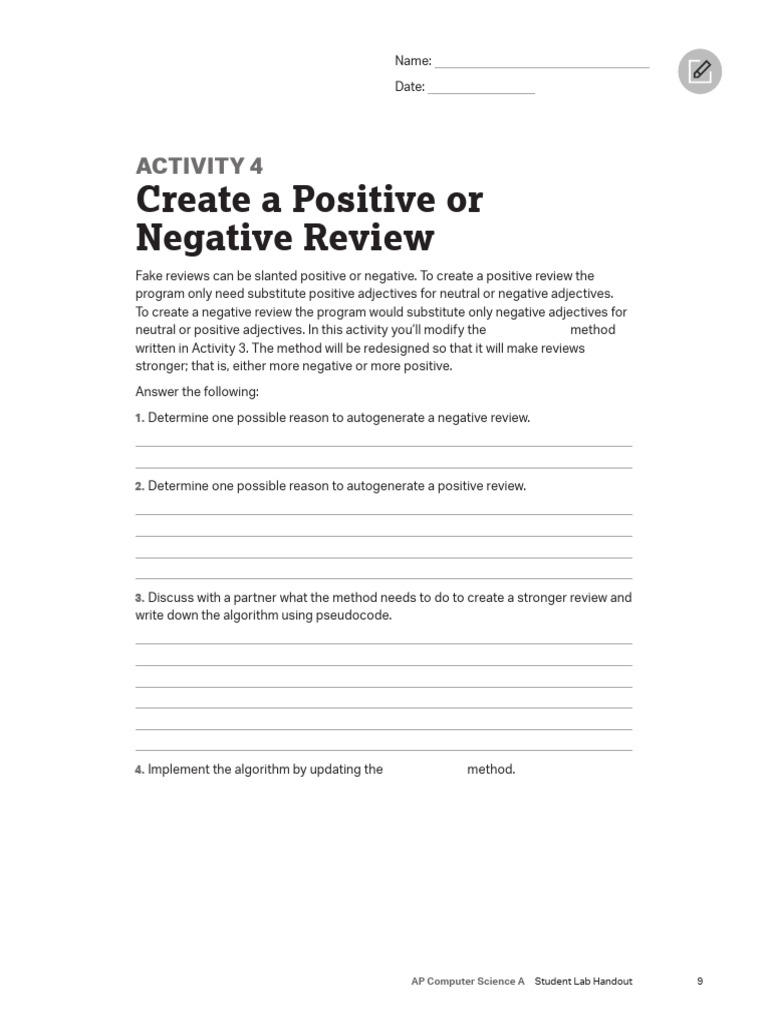 Create A Positive or Negative Review: Activity 4 | PDF