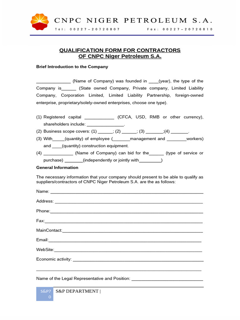 Qualification Form For Contractors | PDF | Business | Business Economics