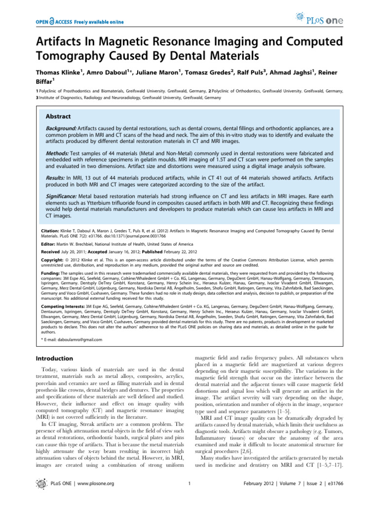 Artifacts in Magnetic Resonance Imaging and Computed 3vouecrwne | PDF ...