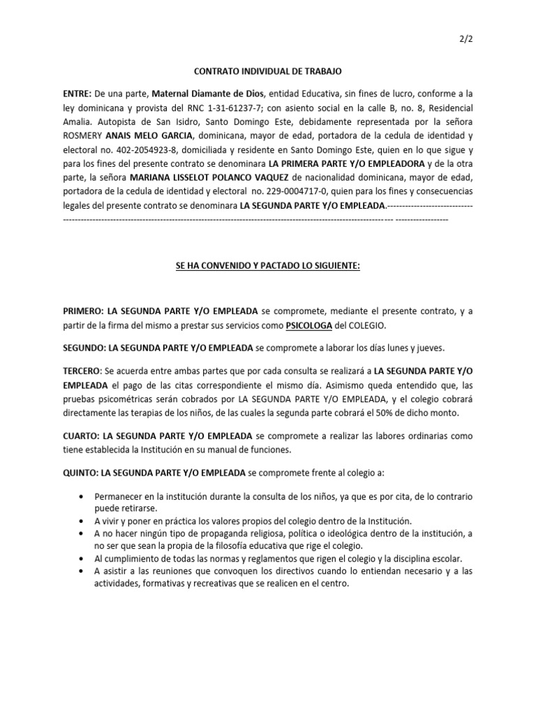 Contrato Individual de Trabajo Mariana | PDF | Institución