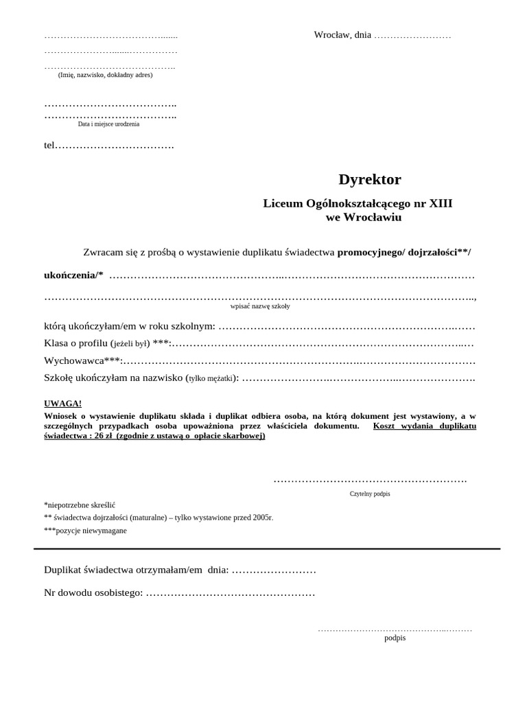 Duplikat Swiadectwo | PDF