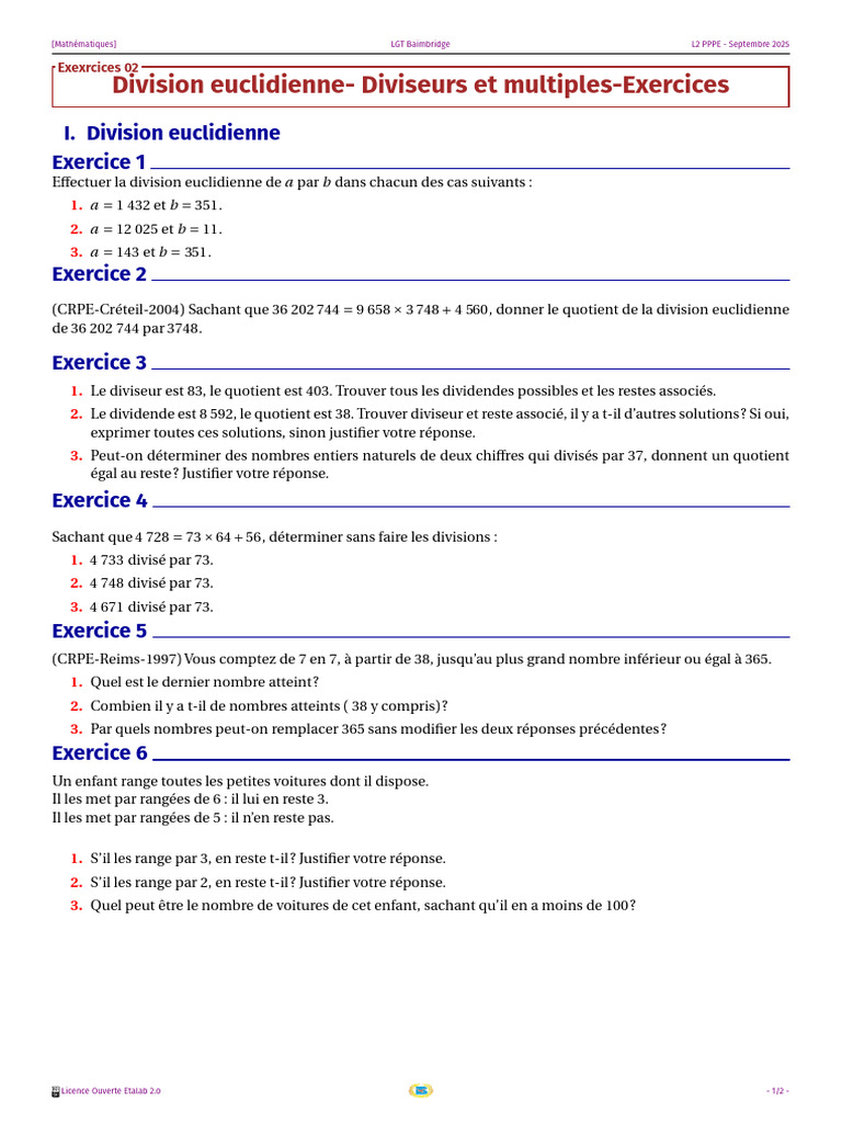 Exercices de division euclidienne et multiples | PDF | Nombre | Entier ...
