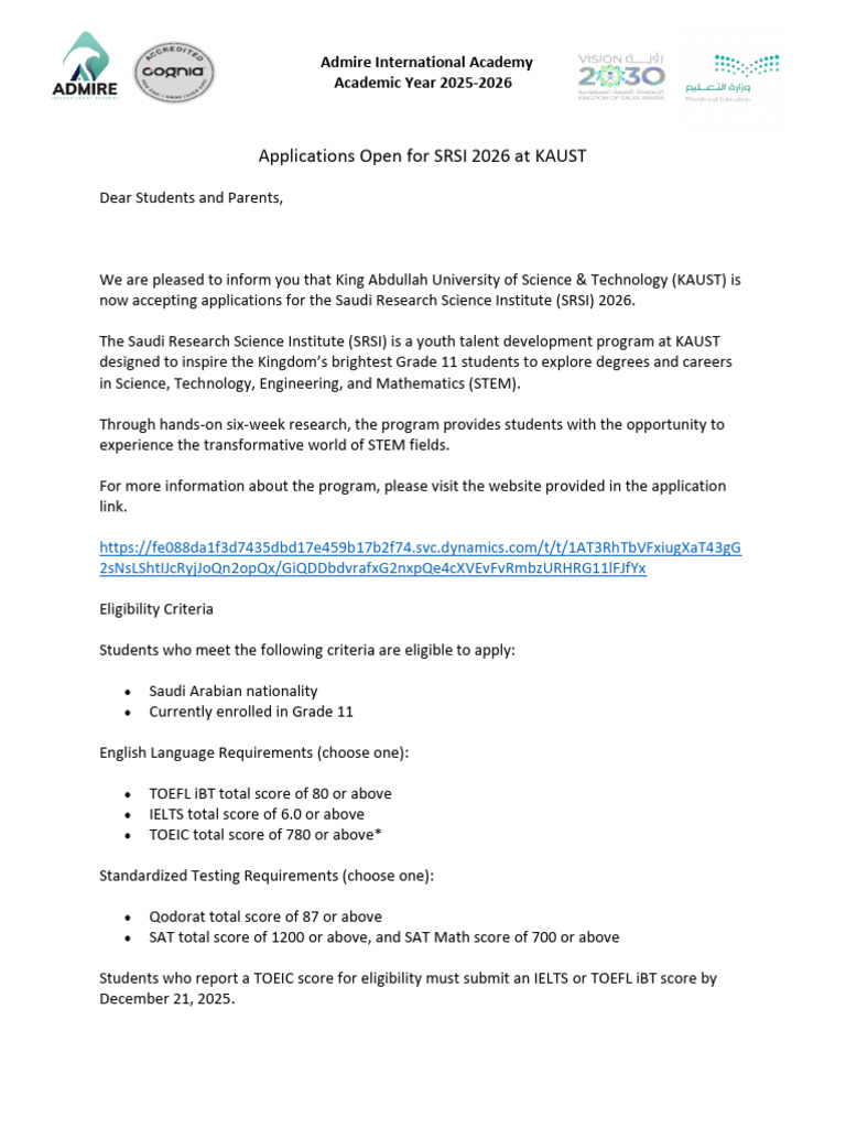 KAUST SRSI 2026 Application Open | PDF | Sat | Test Of English As A ...